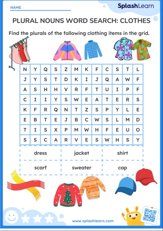 Plural Nouns Word Search: Clothes — Printable ELA Worksheet