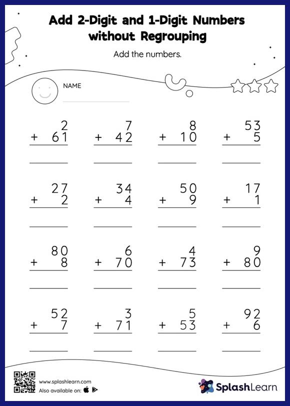 Add 2 Digit And 1 Digit Numbers Without Regrouping Vertical Addition