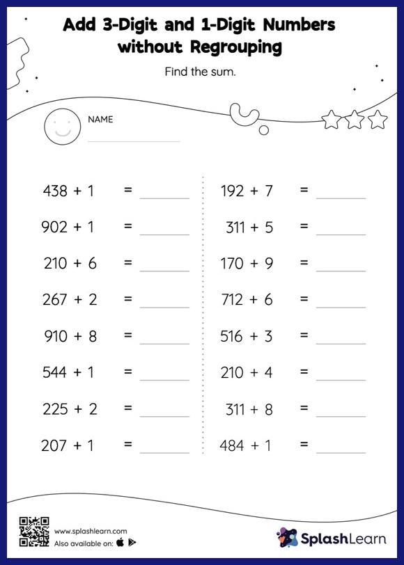 Add 3 Digit And 1 Digit Numbers Without Regrouping Horizontal Addition Add 3 Digit And 1 Digit Numbers Without Regrouping Horizontal Addition