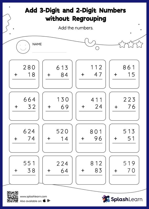 Add 3 Digit And 2 Digit Numbers Without Regrouping Vertical Addition 