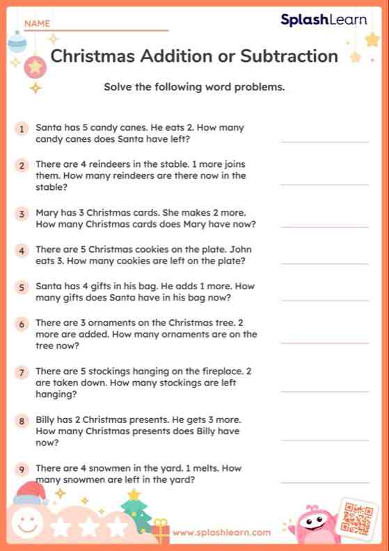 Add or Subtract within 5: Christmas Word Problems — Printable Math ...